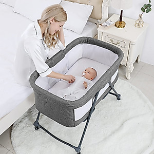 67i Baby Bassinet Portable Folding Rocking Bedside Bassinet Crib for Baby Cosleeper Bassinets Bedside Sleeper on Wheels with Mosquito Nets Newborn Infant Toddler Bassinet with Storage Basket (Grey)
