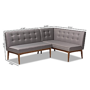 Baxton Studio Arvid Mid-Century Modern Gray Fabric Upholstered 2-Piece Wood Dining Corner Sofa Bench