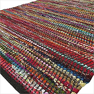 Eyes of India - 4 X 6 ft Black Colorful Chindi Woven Area Rag Rug Braided Bohemian Accent Boho Chic Decorative Indian Handmade Handwoven
