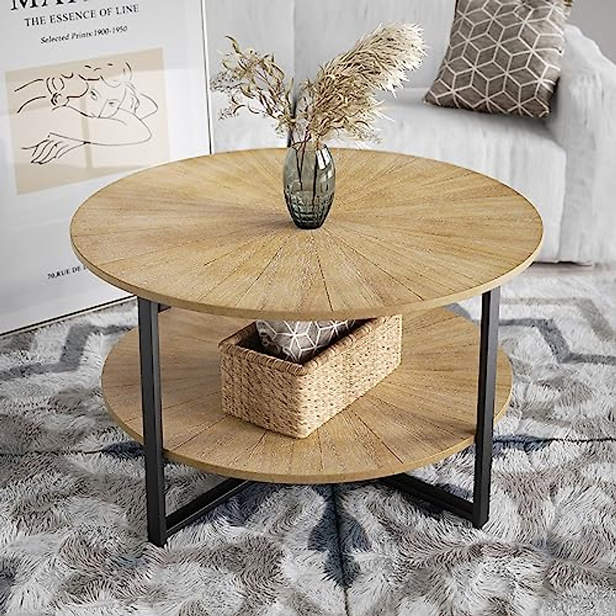 3imothrix Round Wood Coffee Table, Coffee Table with Storage Open Shelf, 31.49 inch 2 Tier Solid Wood Veneer Circle Coffee Table for Living Room (Coffee Table)