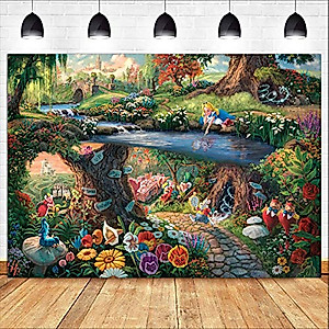 Cartoon Forest Scene Flowers Photo Background Baby Shower Decorations Vinyl 7x5ft Alice in Wonderland Enchanted Photography Backdrop Princess Girls Sweet Birthday Party Banner Supplies Photo Booth
