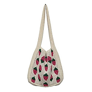 GGOOB Crochet Tote Bag Aesthetic Strawberry Purse Kawaii Purse Crocheted Bag Kawaii Tote Bag (Cream)