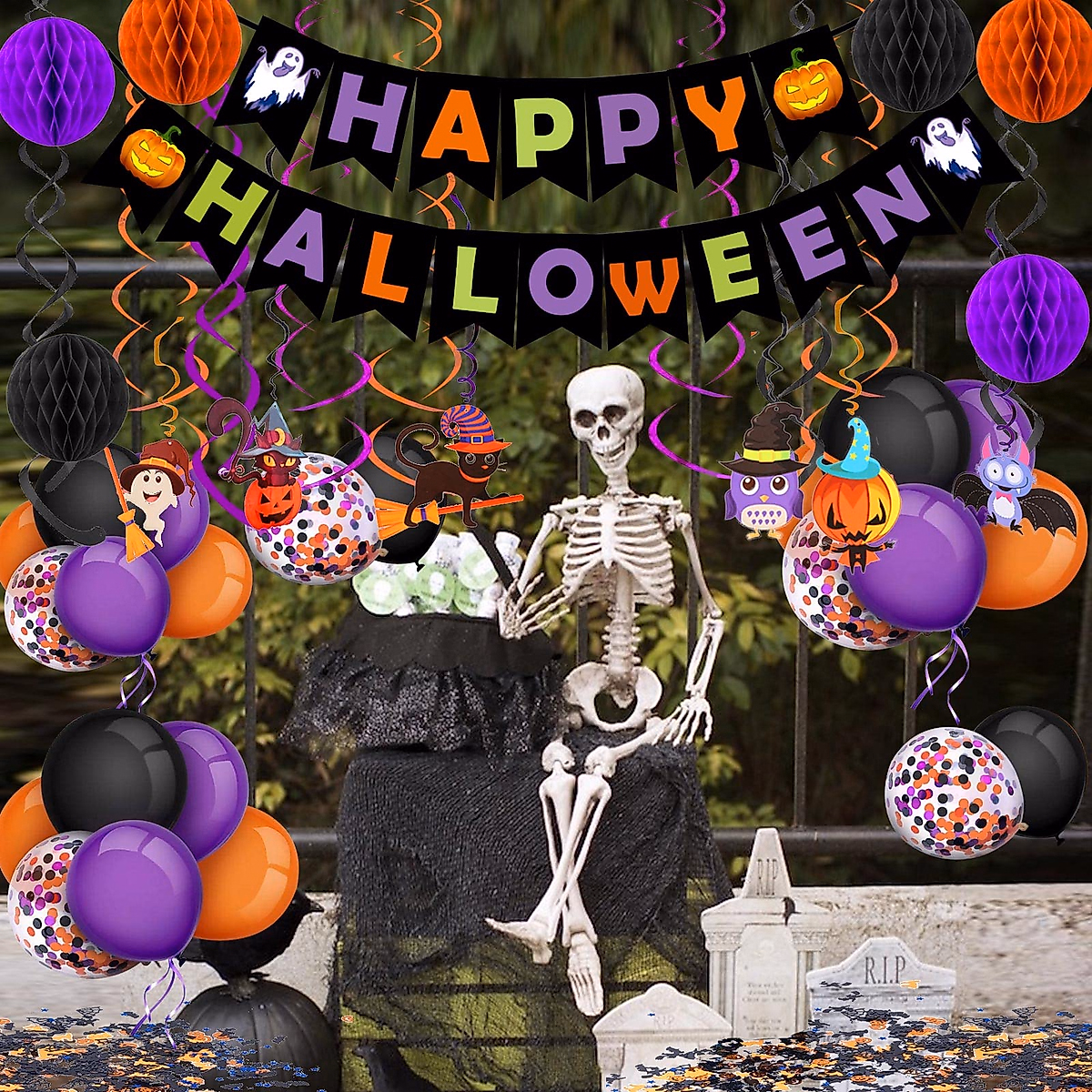 Happy Halloween Banner Paper Honeycomb Ball Swirl Streamers Circle Confetti Dots Balloons Pumpkin Ghouls Bat Cat for Halloween Party Decorations Indoor Outdoor Wall Door Decoration