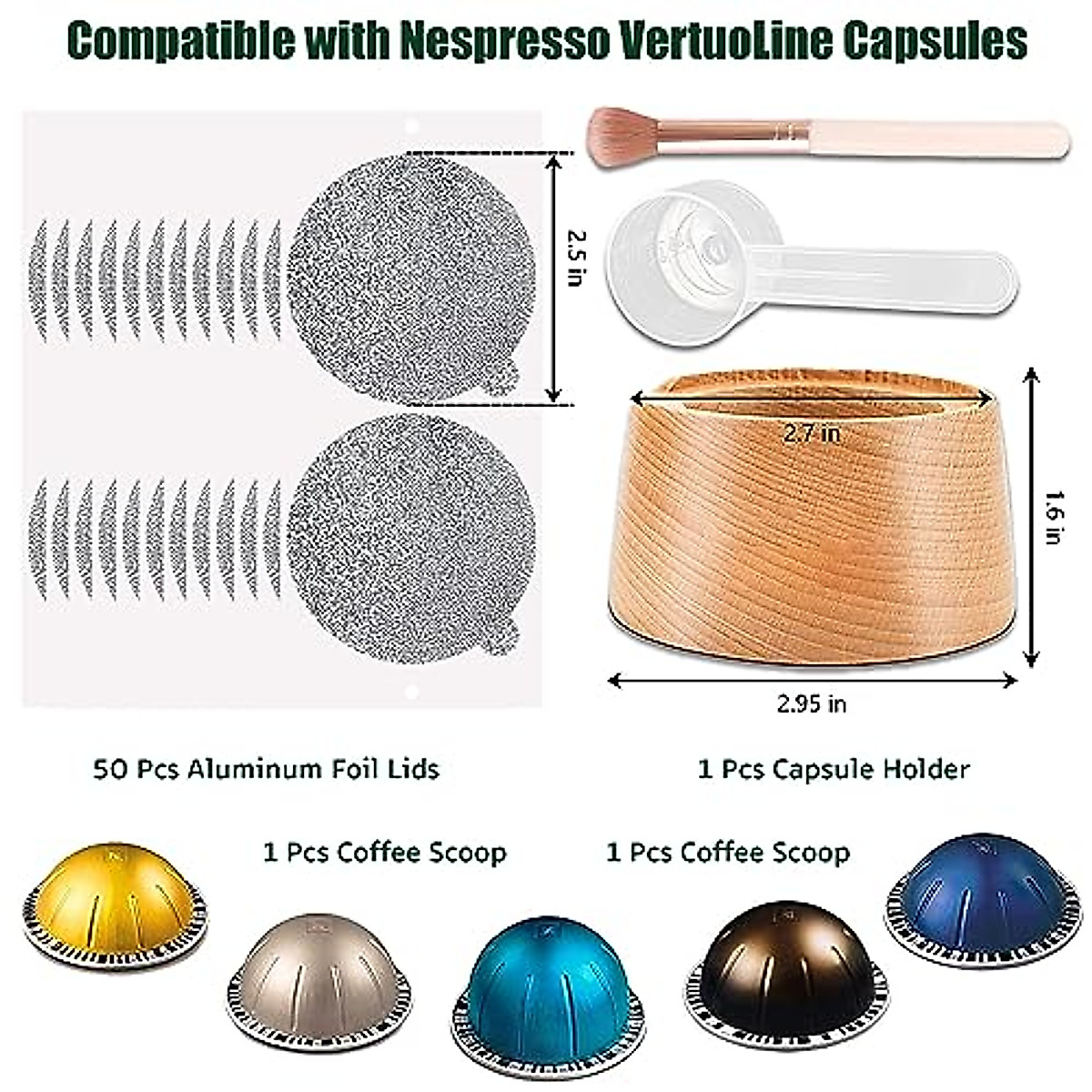 Velocvil Aluminum Foil Lids Kit for Reusable Nespresso Pods, Aluminum Foil Seals with Holder, Brush and Scoop for refillable Nespresso Capsules VertuoLine Coffee Pods