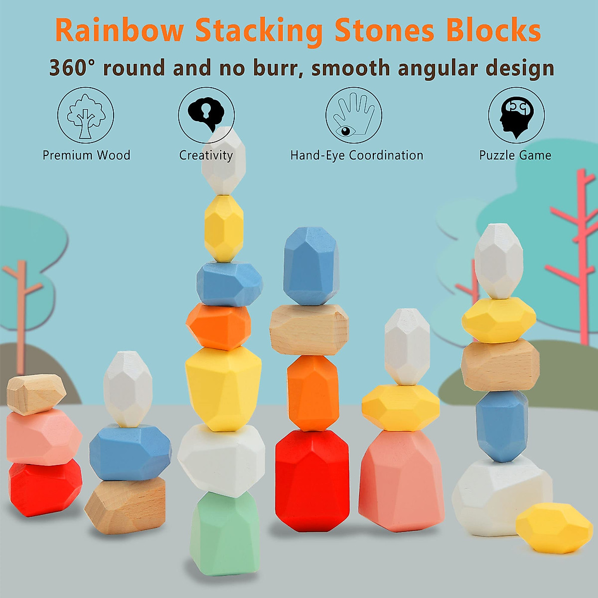DORLETEM 36PCS Wooden Balancing Stacking Rocks Stones, Building Blocks Set, Montessori Educational Preschool Learning Sensory Toys Lightweight Sorting Wooden Blocks for Kids