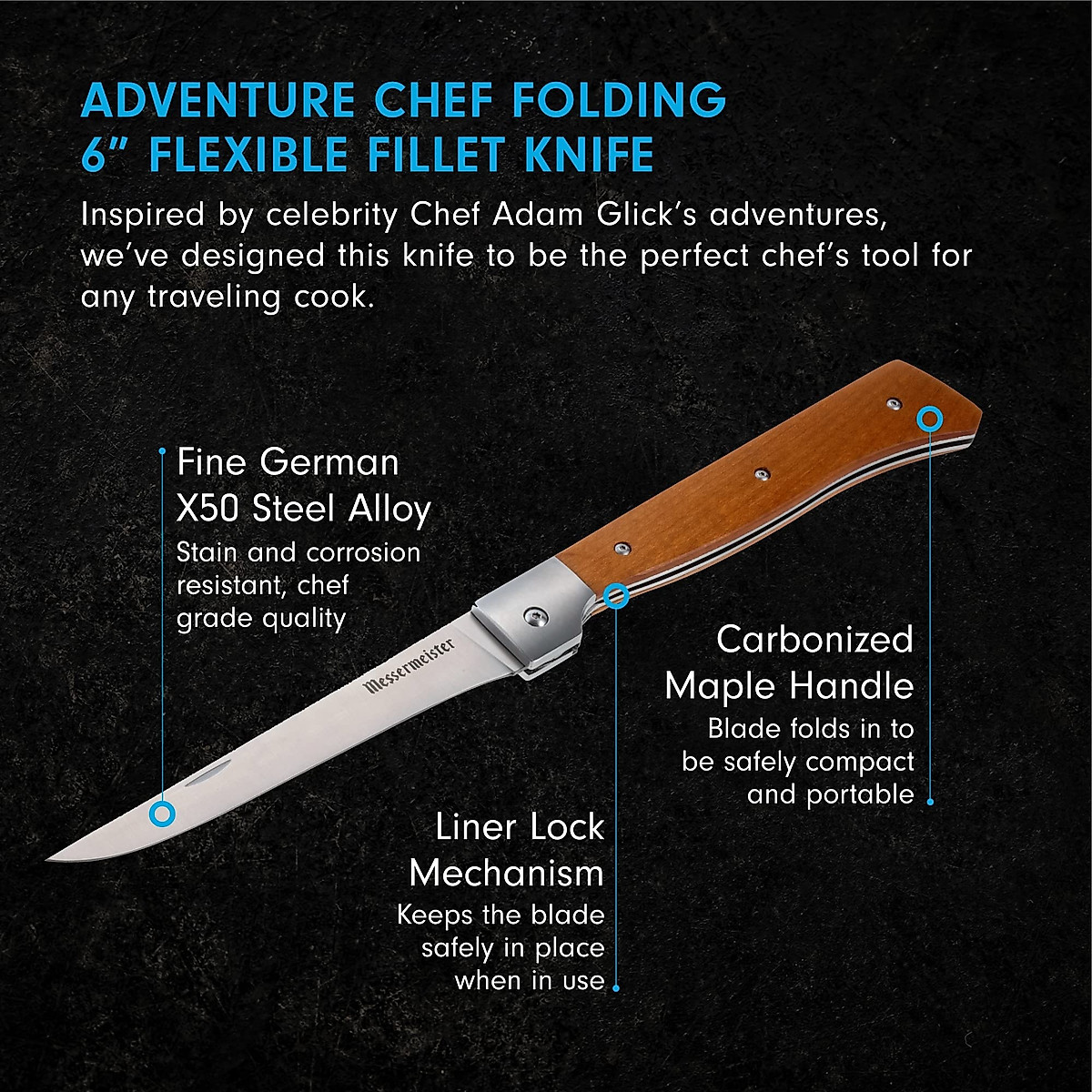 Messermeister Adventure Chef Folding 6” Fillet Knife - German Steel & Carbonized Maple Handle - Rust Resistant & Easy to Maintain