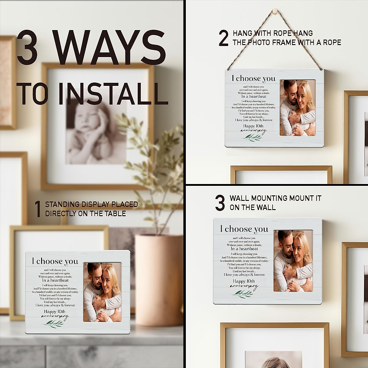 10th Anniversary Picture Frame, 10th Wedding Anniversary for Her Him Couple Husband Wife, Happy 10th Wedding Anniversary Decorations for Wall Desk Tabletop Shelf, 10 Years Wedding Gift Ideas