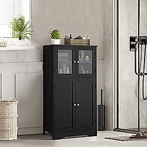 Iwell Bathroom Cabinet, Linen Storage Cabinet with Glass Doors & Adjustble Shelf, Bathroom Floor Cabinet, Cupboard for Living Room, Office, Enterway, Black