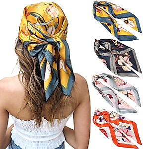 CHLINS 27 Inches Silk Feeling Square Head Scarf - 4 Pcs Satin Square Head Scarves for Women Hair Bandanas Head Kerchief Sleeping Wrap Neckerchief(Floral(White+Yellow+Black+Pink))