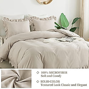 Andency Khaki Duvet Cover Full(79x90Inch), 3 Pieces(1 Ruffled Duvet Cover and 2 Pillowcases) Farmhouse Shabby Chic Duvet Cover, Soft Microfiber Duvet Cover Set with Zipper Closure & Corner Ties