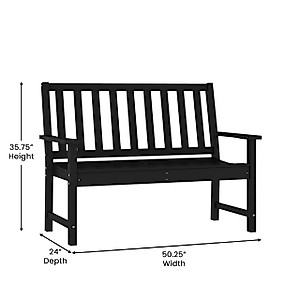 Flash Furniture Ellsworth Indoor-Outdoor Bench with Arms, Commercial Grade All Weather Recycled HDPE, Contoured Seat, UV Fade Resistant, 50", Black