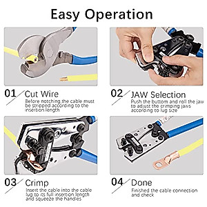 Battery Cable Crimping Tool Battery Terminal Crimper Battery Lug Crimper for Heavy Duty Wire Lug AWG 8-1/0 Electrical Lug Crimper with Cable Cutter and 12PCS Copper Lugs, Battery Cable Crimper