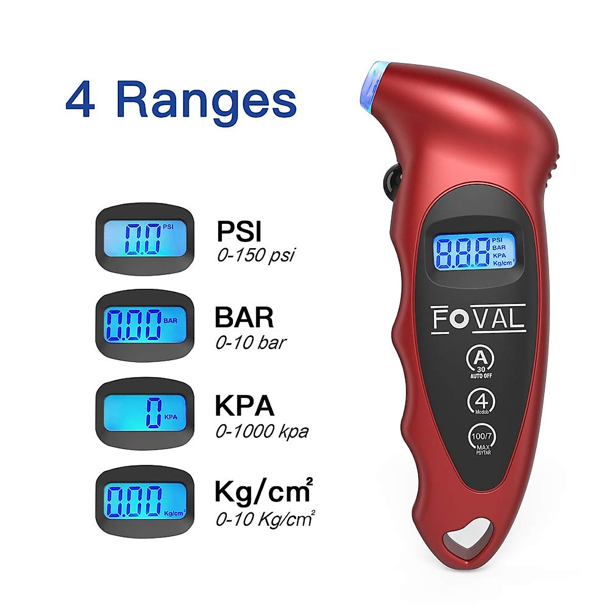 FOVAL Digital Tire Pressure Gauge 150 PSI for Car Truck Bicycle Instant Read with Backlit LCD and Non-Slip Grip, 4 Pack