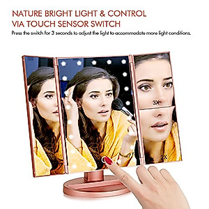 Flymiro Tri-fold Lighted Vanity Makeup Mirror with 3x/2x Magnification,21 LEDs Light and Touch Screen,180 Degree Free Rotation Countertop Cosmetic Mirror,Travel Makeup Mirror (Rose Gold)