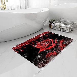 Red Rose Bath Mat Modern Fashion Black Art Dreamy Elegant Ladies and Girls Microfiber Memory Foam Bathroom Decor Mat 17.7X29.5 Inch