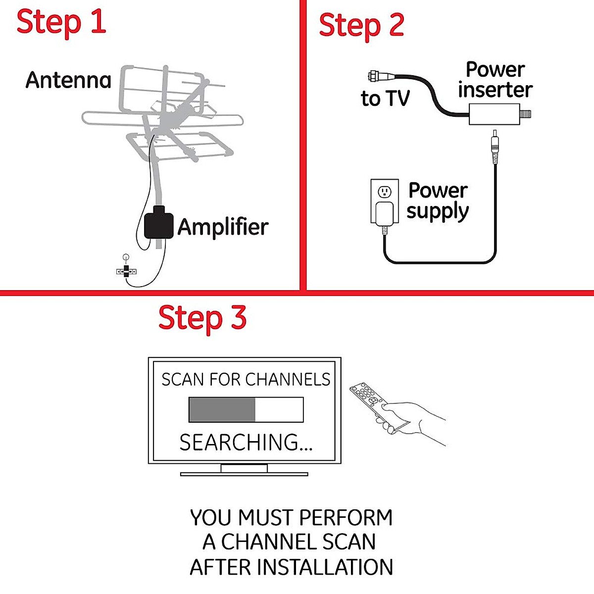 GE Pro Outdoor Antenna Amplifier, Low Noise Antenna Signal Booster, Clears Up Pixelated Low-Strength Channels, Supports HD Smart TV VHF UHF – 42179