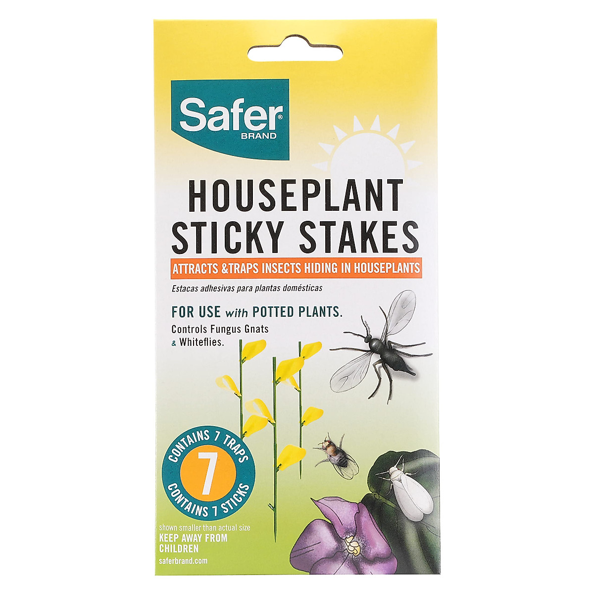 Safer Brand 5026 Houseplant Sticky Stake Insect Traps for Indoor Plants - Controls Fungus Gnats, Whiteflies, Midges, Thrips, Fruit Flies, and Black Flies - 1 Pack, 7 Traps