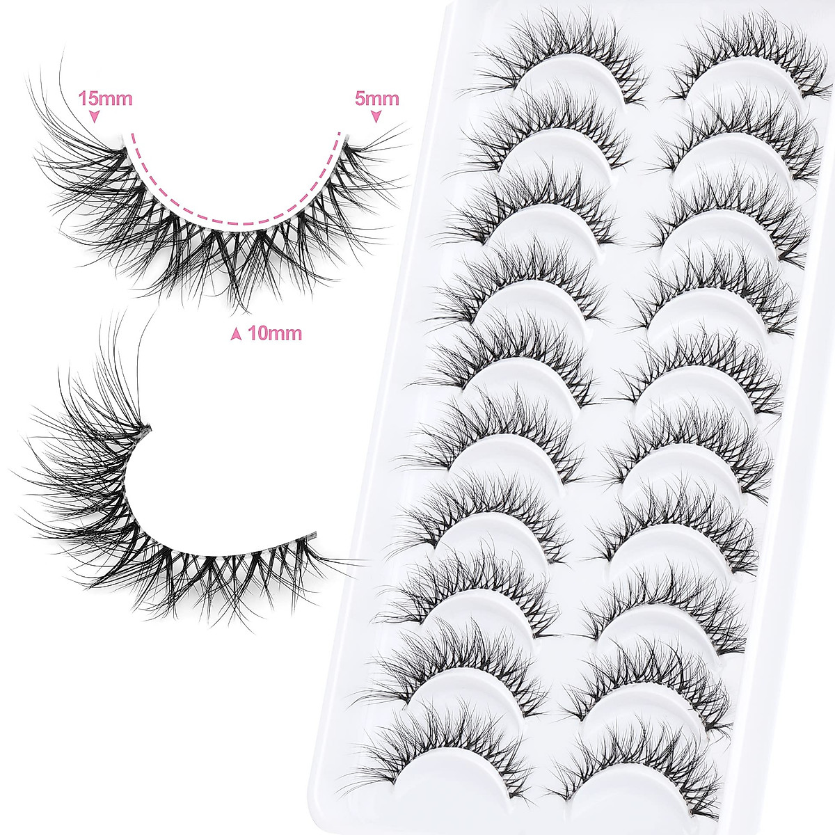 Lashes Natural Look Wispy Eyelashes Clear Band Lashes Cluster Short Mink Fluffy Fox Eye 15mm Lash Extensions Cat Eye False Eyelashes Pack, 10 Pairs, Not Fall Apart