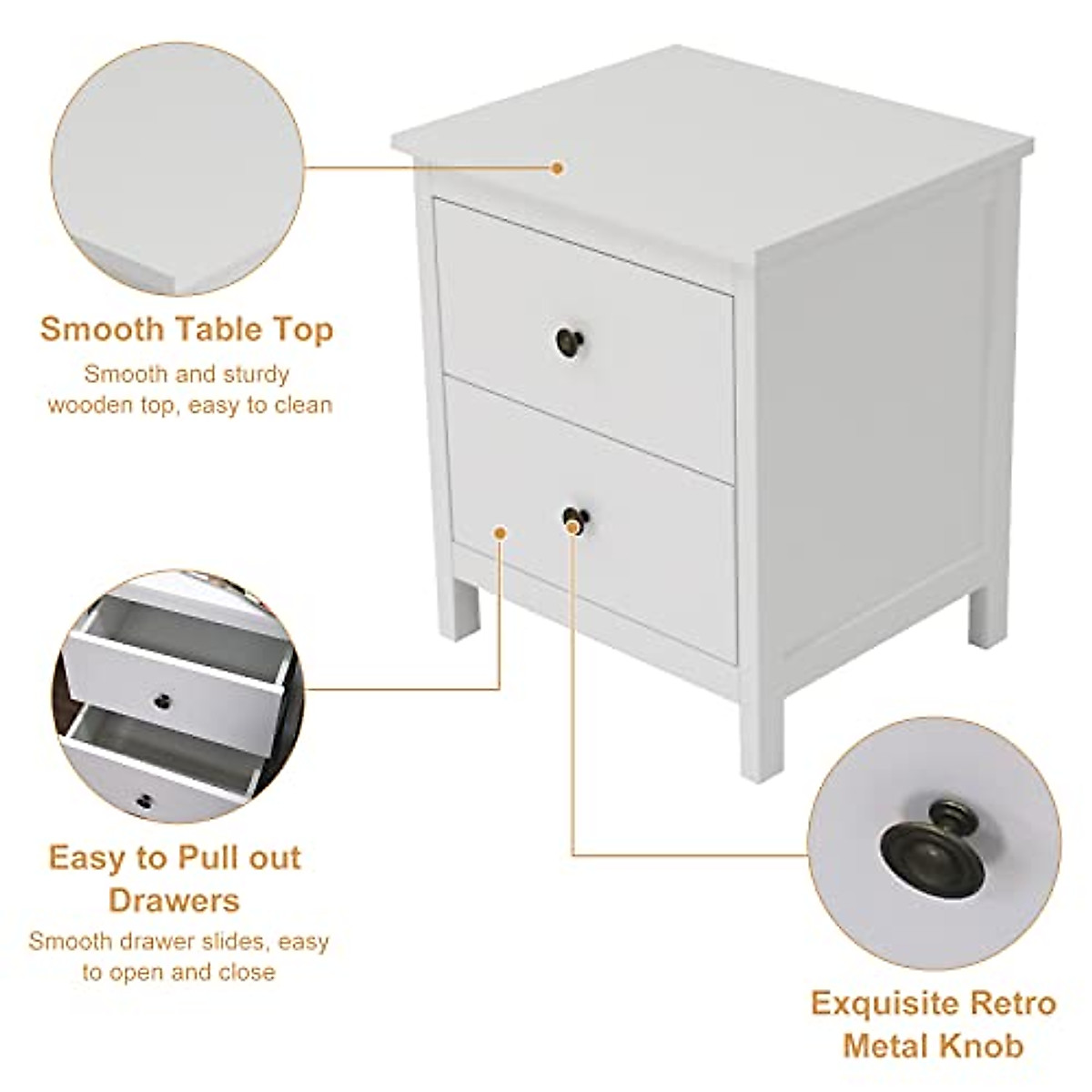 Kinsuite Nightstand for Bedrooms W/ 2 Drawers, Side Table Large Storage Space, Side Storage Cabinet Wooden End Table Accent Table Solid Wood Legs (White, 2 Pcs)