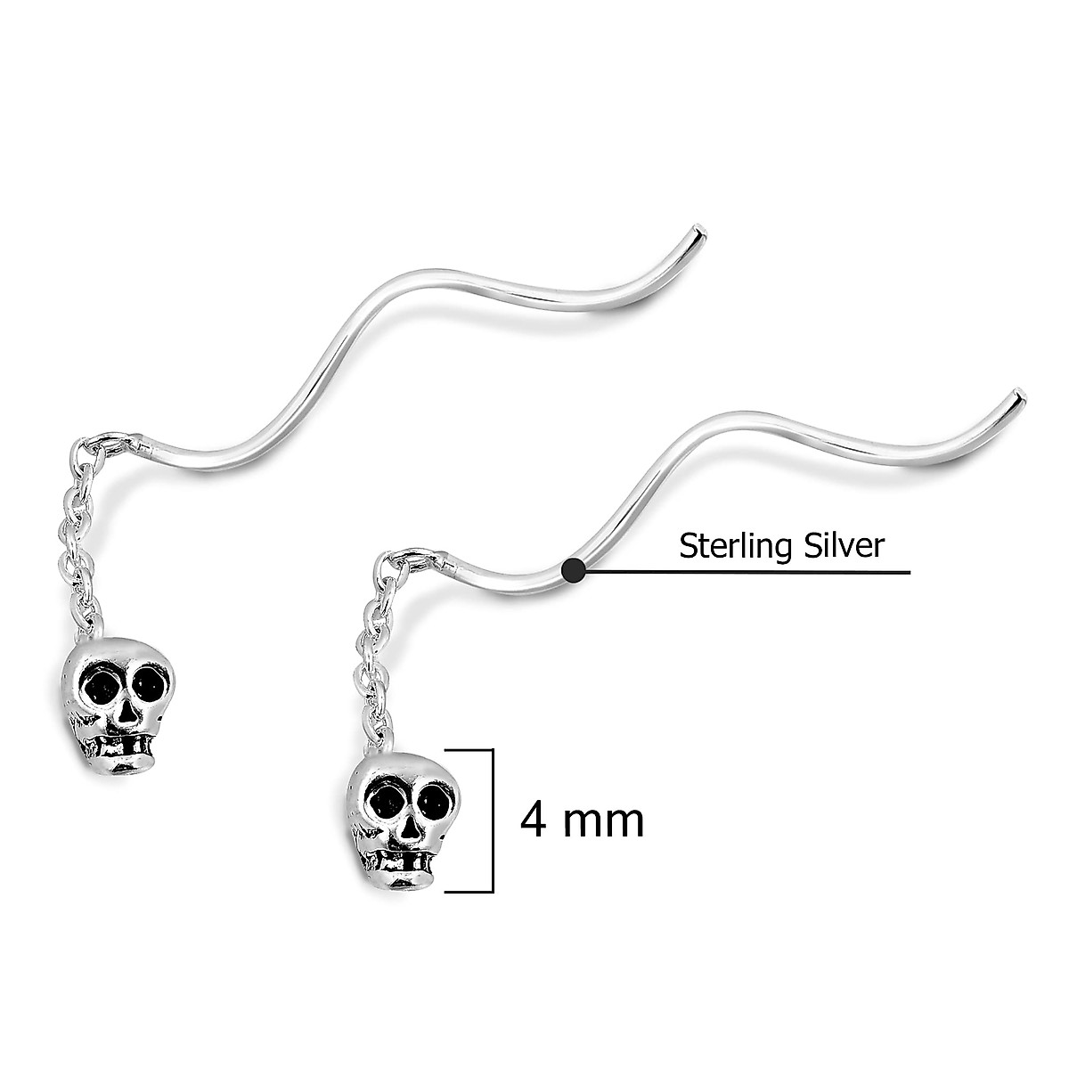 AeraVida Tiny Skull Chain Threader Spiral Halloween Sterling Silver Earrings, 0.11x0.15 inch