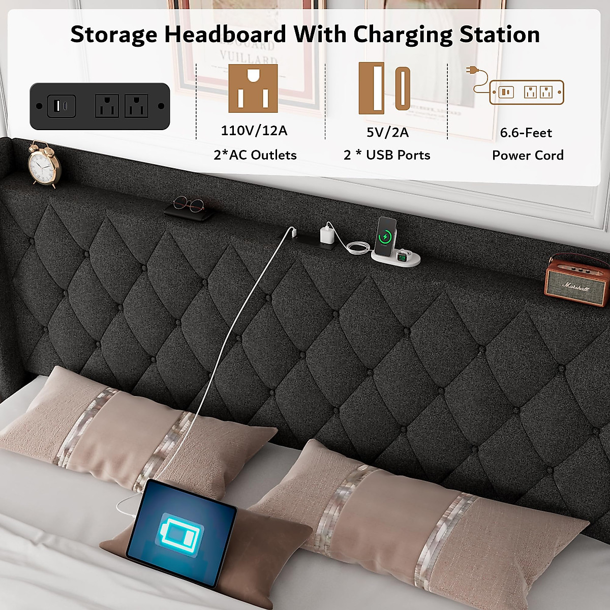 iPormis King Size Lift Up Storage Bed Frame with Charging Station, Upholstered Platform Bed Frame with Tufted Headboard, Hydraulic Storage, No Box Spring Needed, Noise-Free, Easy Assembly, Dark Grey