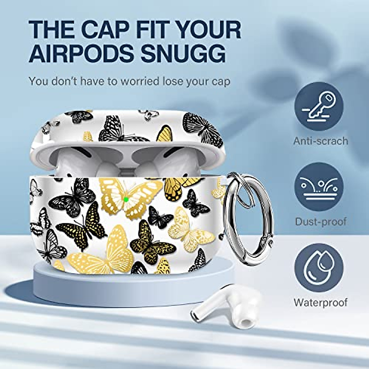 Youskin Airpods Pro Case Cute Airpods Pro Case Cover Clear Soft TPU Flexible Apple Airpods Pro Charging Case with Keychain for Women Girls，Golden Butterfly