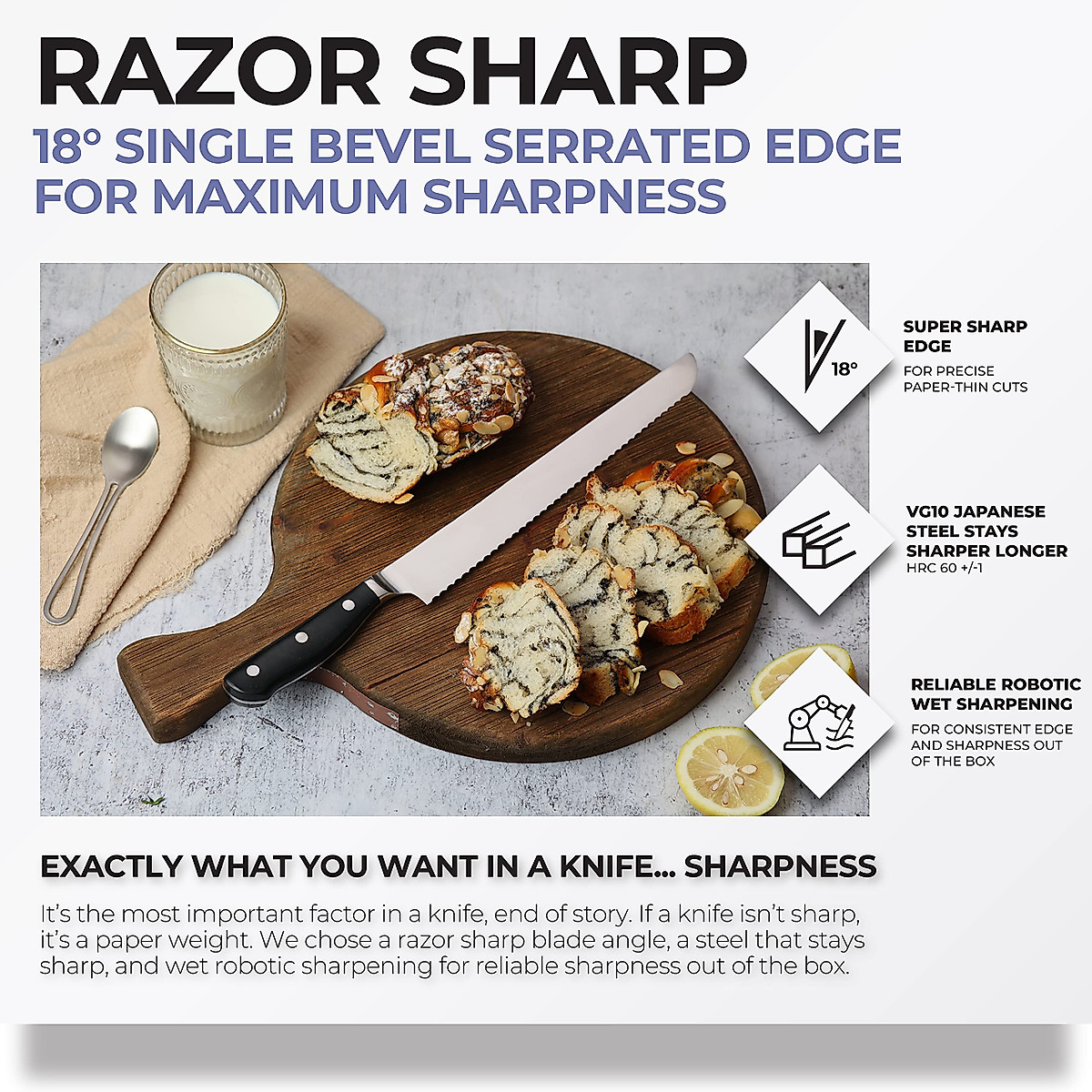 FOXEL Best Bread Knife 10 Inch Serrated - Razor Sharp Rust Resistant Japanese VG10 Steel for Cutting Bread, Cake, Sourdough, Sandwiches, Bagels, and Hard Crust - Black Handle