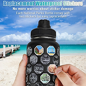 XccMe National Parks Water Bottle with Stickers,32 oz Insulated Stainless Steel Water Bottle with 2 Lids,Straws,Silicone Boot,Waterproof Stickers,Travel Vacuum Sealed Water Bottle,Leak Proof (Black)