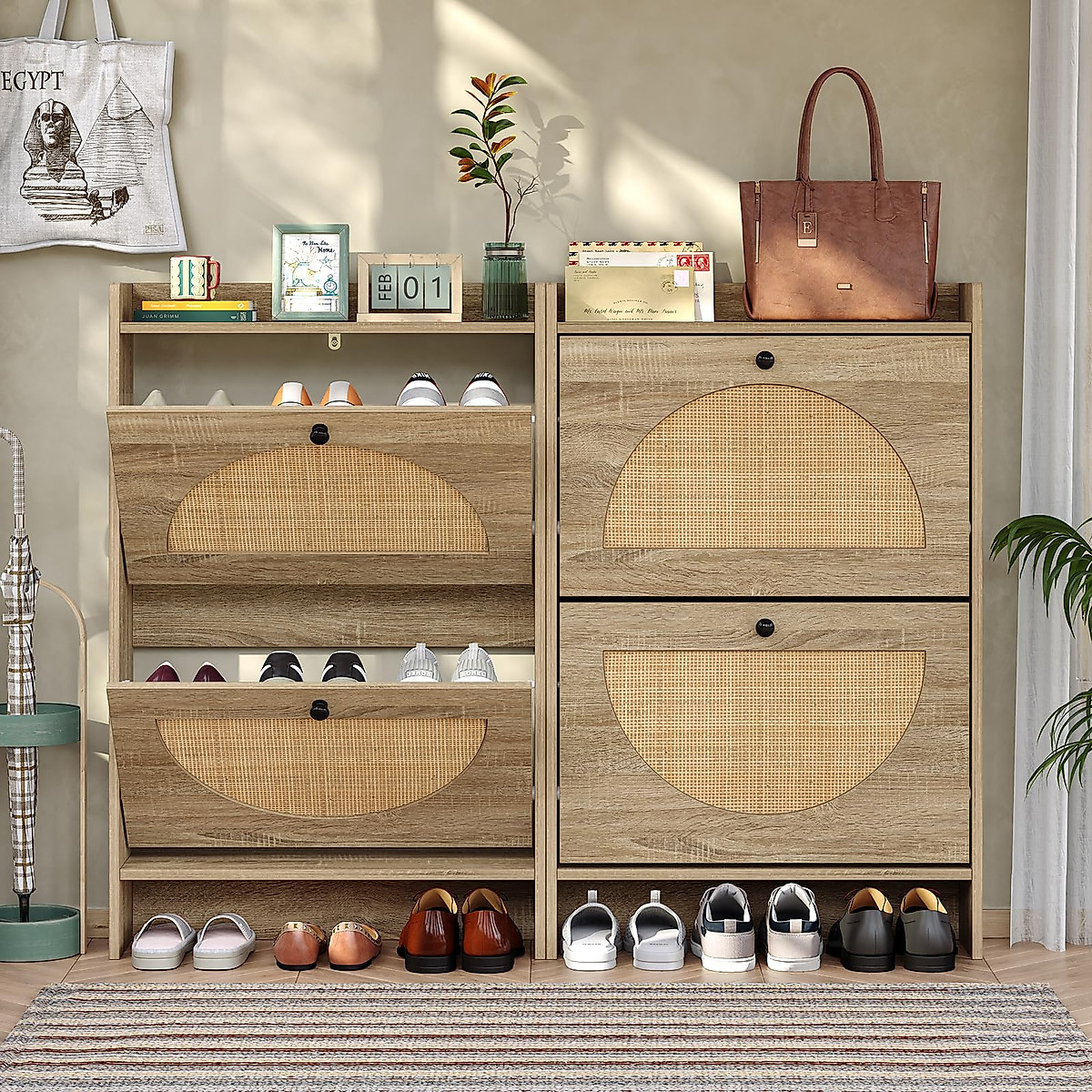 furomate Shoe Rack Storage Cabinet with 2 Natural Semi-Circular Rattan Doors, Entryway Boho Shoe Cabinet for Sneakers, Leather Shoes, High Heels, Slippers, 36.7“ Entryway Furniture