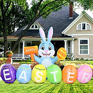 Domkom 6FT Easter Inflatable Bunny Outdoor Decorations with Eggs, Build-in LED Lights Holiday Blow Up Yard Decoration, for Easter Holiday Party, Outdoor,Garden, Yard Lawn Décor