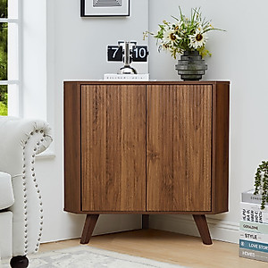 XUZENEST Fluted Floor Corner Cabinet, Small Corner Floor Cabinet with Adjustable Shelve, Freestanding Narrow Cabinet Organizer for Living Room Kitchen Bathroom, Walnut