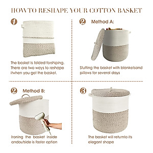 Large Storage Basket with Lid, 16"Wx18"H Woven Laundry Basket with Lid Cotton Laundry Basket, Wicker Basket Blankets Pillows Storage in Living Room, Beige/White Mix with Lid