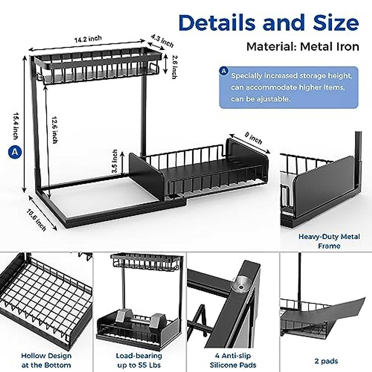 2 Pack Under Sink Organizers and Storage, Metal Pull Out Cabinet Organizer with Sliding Drawer, Slide Out Under Sink Organizer Shelf, Multi-Use for Kitchen Bathroom Organization