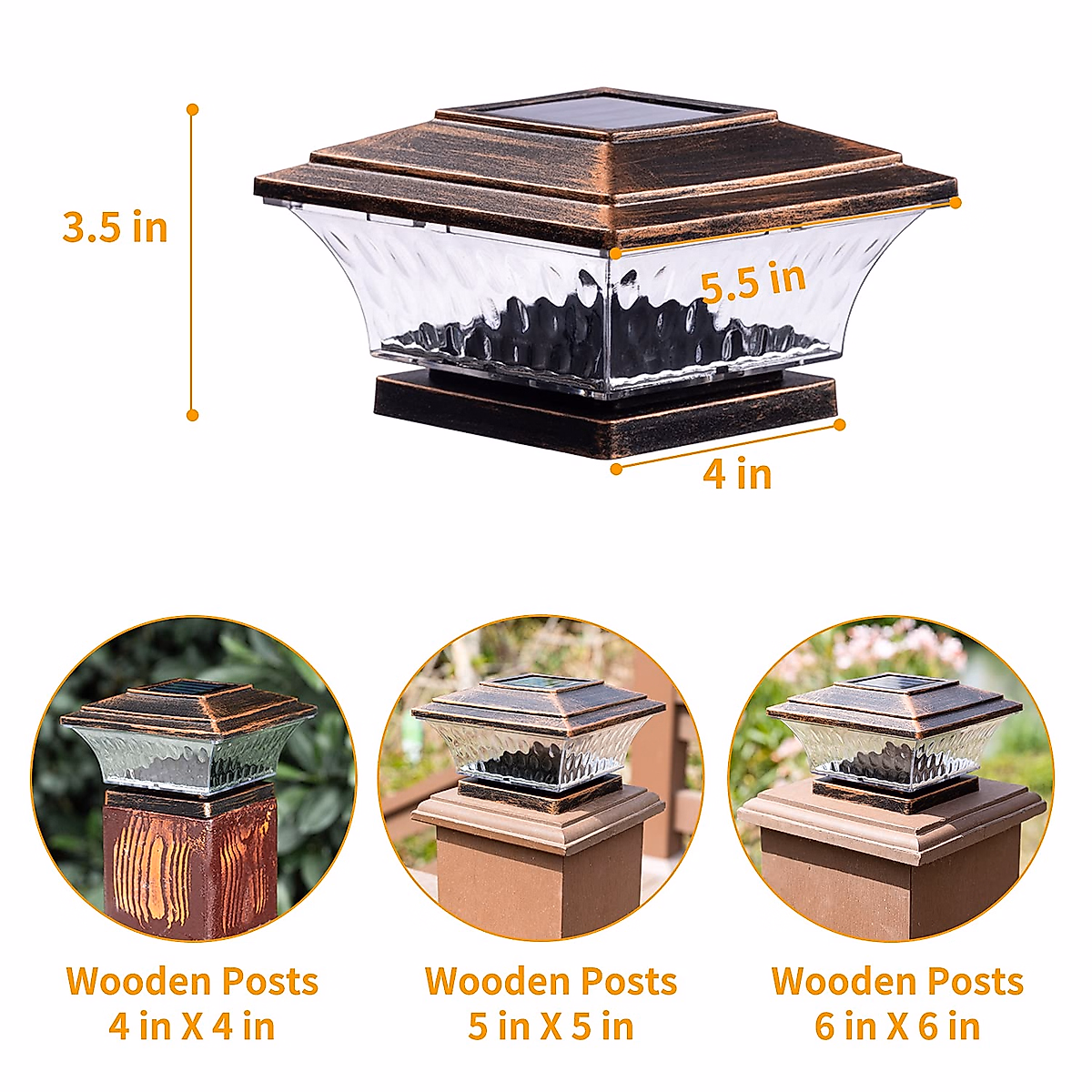 HUYIENO Solar Post Cap Lights Outdoor LED Lighting Deck Fence With Two Light Modes Warm White/Bright White Suitable for 4x4 Wooden Posts Brushed Copper 6PK
