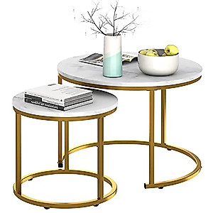 Garden 4 you White Marble Nesting Coffee Table for Small Place 2 Sets Modern Furniture Living Room Sets End Side Table Night Stand for Bed Room Dining Room