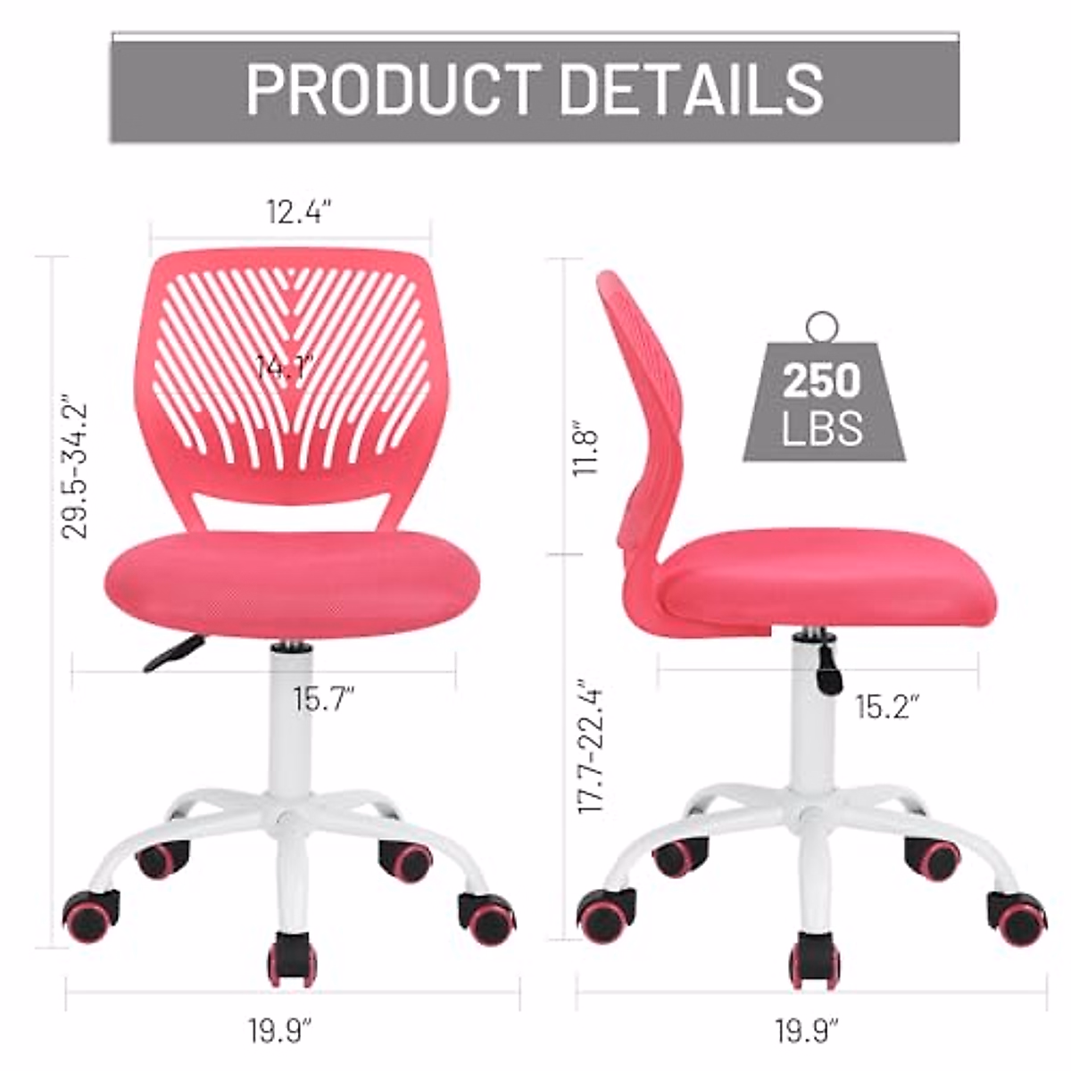 Desk Chair Armless Small Study Chairs Armless for Child Kids Teens, Ergonomic Swivel Rolling Lightweight Task Chair with Wheels and Mesh Padded Cushion, Pink