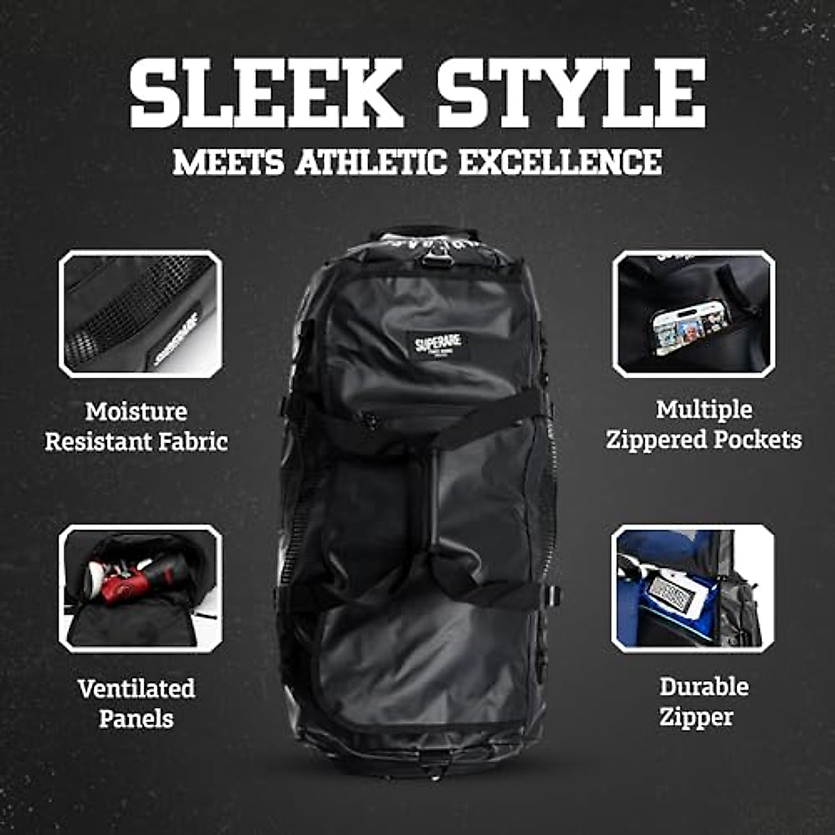 Superare Enorme Gear Bag – Versatile Gym Bag, Backpack Duffle Bag Combo, Ideal Boxing Duffle Bag or Duffle Bag for Men with Ventilation and Moisture-Resistant Fabric - Black