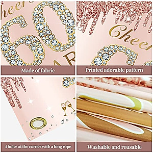 Large Cheers to 60 Years Birthday Decorations for Women, Pink Rose Gold Happy 60th Birthday Banner Backdrop Party Supplies, Sixty Birthday Poster Background Sign Decor
