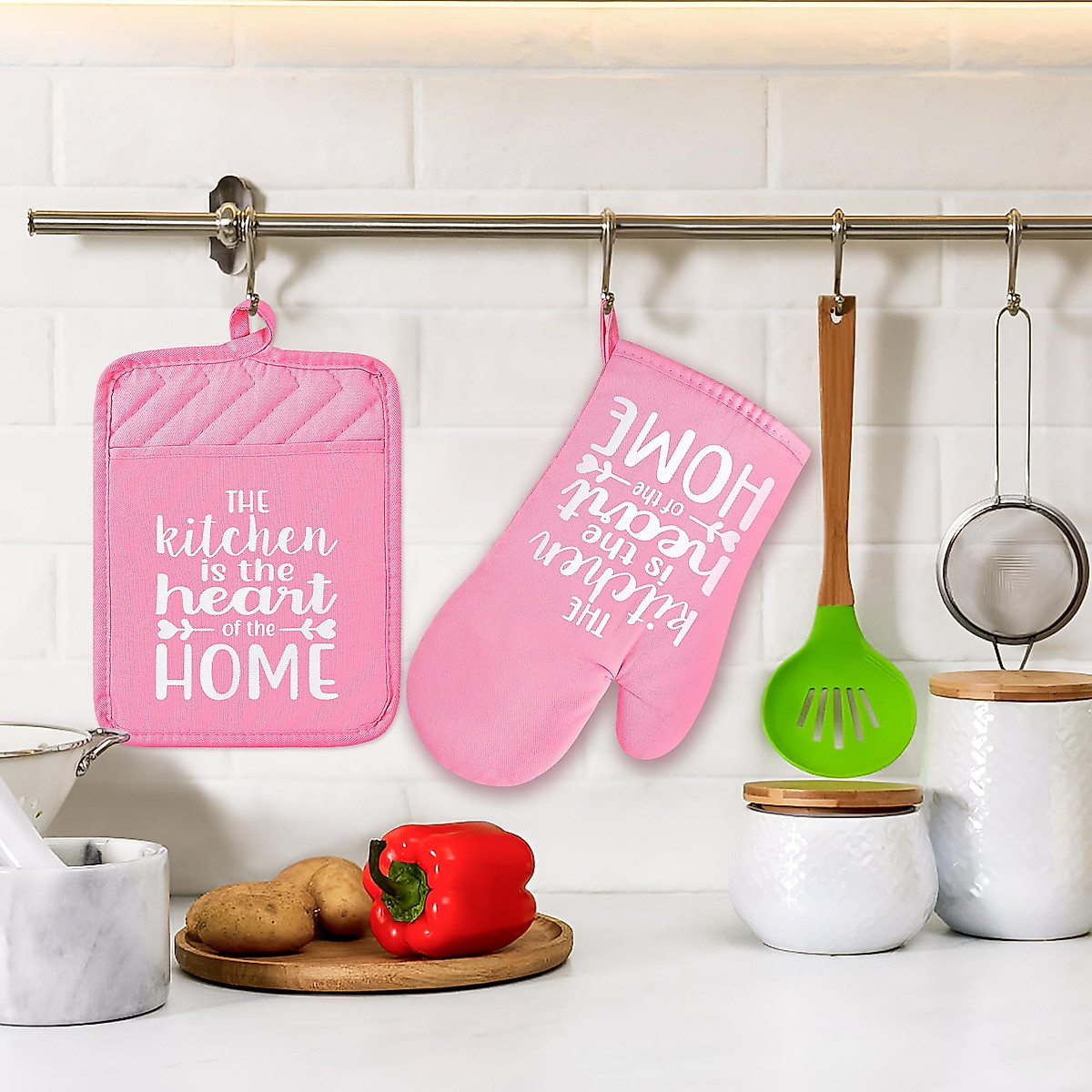 GROBRO7 6Pcs Funny Oven Mitts Pot Holders The Kitchen is The Heart of The Home Heat Resistant Hot Pad Machine Washable Gloves with Hanging Loop Pocket Pot Holder for Baking Cooking Pink