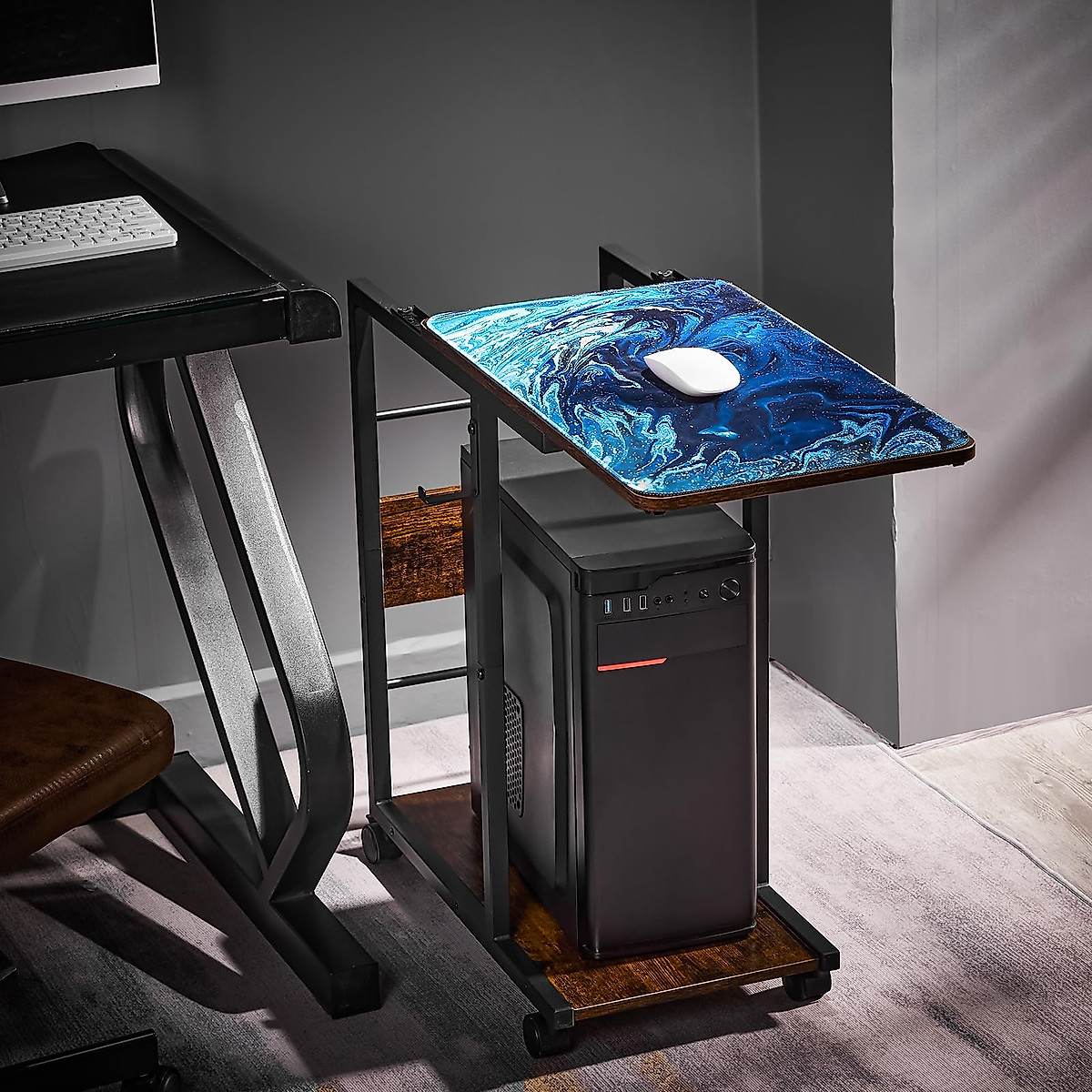 LiebeRen Computer Tower Stand,PC Tower Stand,Computer Tower Stand with Sliding Wooden Platform,Retro Style CPU Tower Stand,PC Stand can Hold up to 26 * 21 * 12 inches Computer. (with Mouse pad)