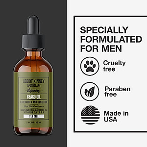 ABBOT KINNEY APOTHECARY Softening Beard Oil, Strengthens and Conditions Beards, Blend of Natural Oils, 2 oz (Tea Tree)
