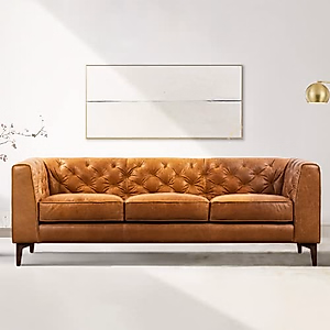 POLY & BARK Essex Leather Couch – 89-Inch Leather Sofa with Tufted Back - Full Grain Leather Couch with Feather-Down Topper On Seating Surfaces – Vintage Pure-Aniline Italian Leather – Cognac Tan