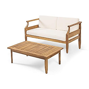 Christopher Knight Home Gallia Outdoor Loveseat Set, Teak Finish, Cream