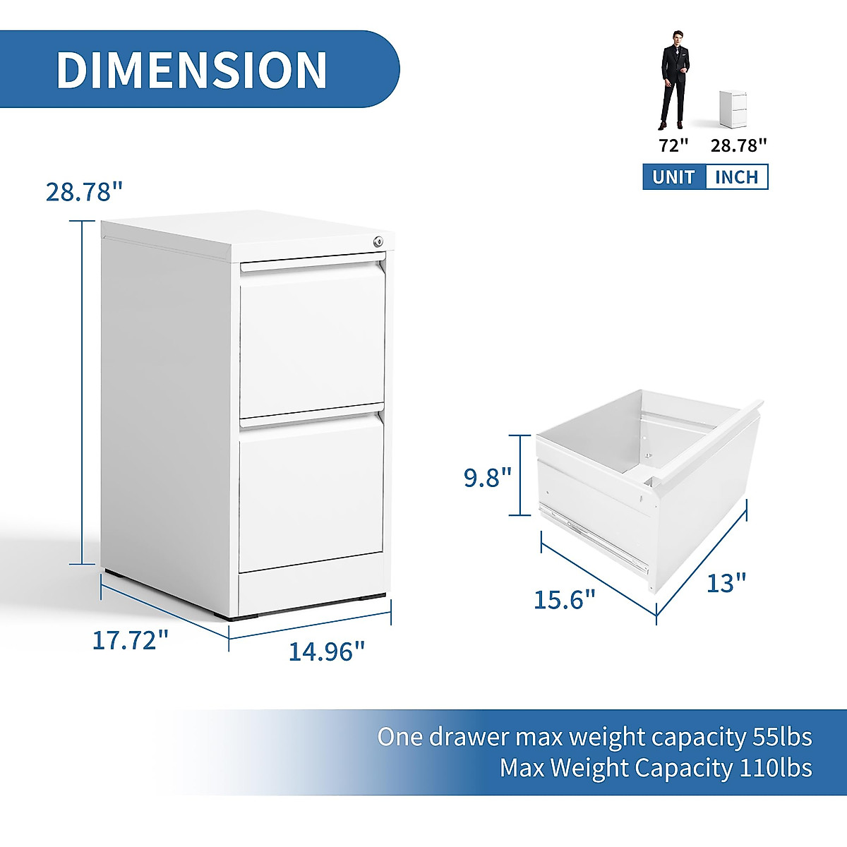 BIZOEIRON 4 Drawer Lateral File Cabinet and 2 Drawer File Cabinet with Lock, White