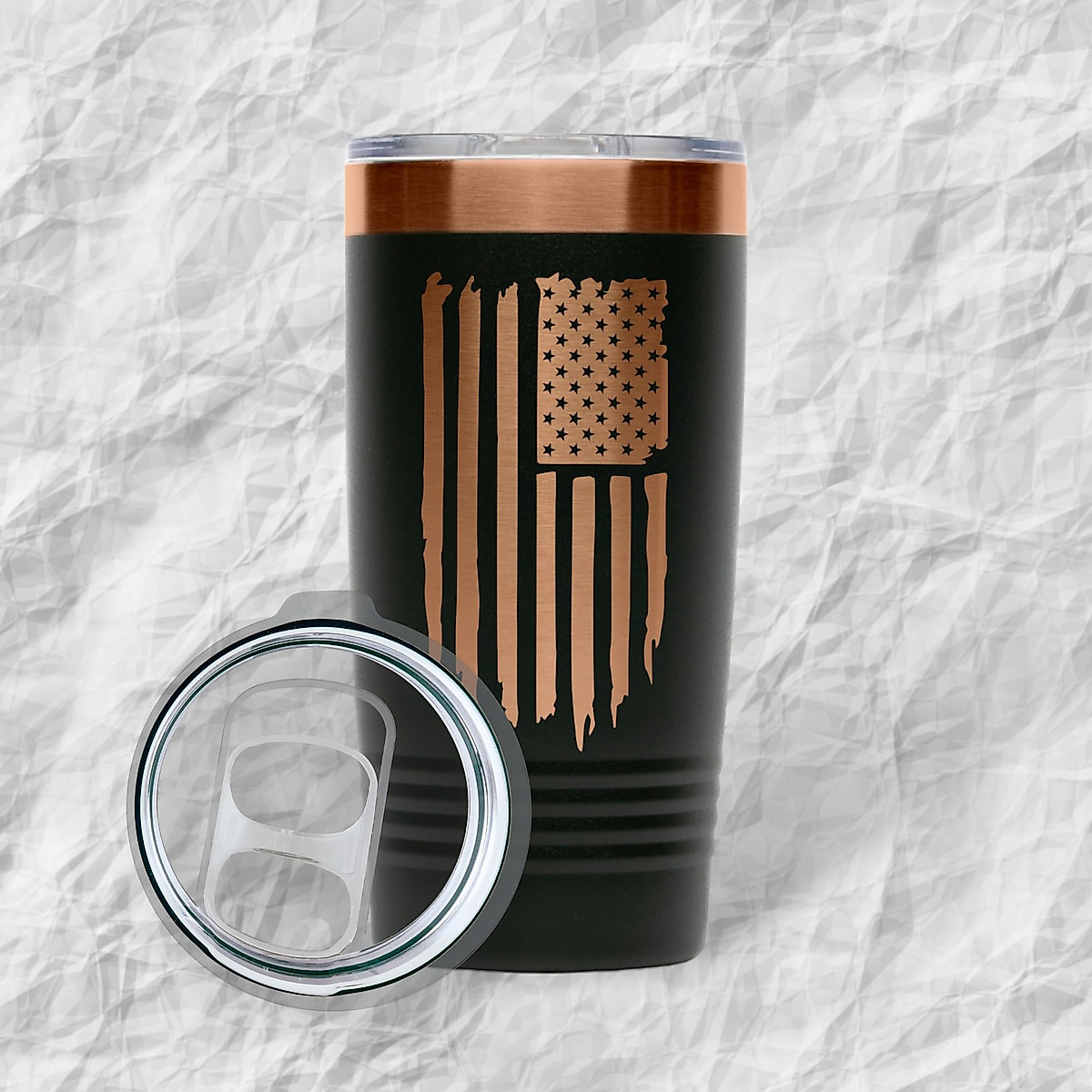 Custom Laser Engraved 20oz Stainless Steel Tumbler | American Flag Design | Personalized Option Available | Perfect Patriotic Gift | Veterans Day (Black Distressed Flag, Flag)