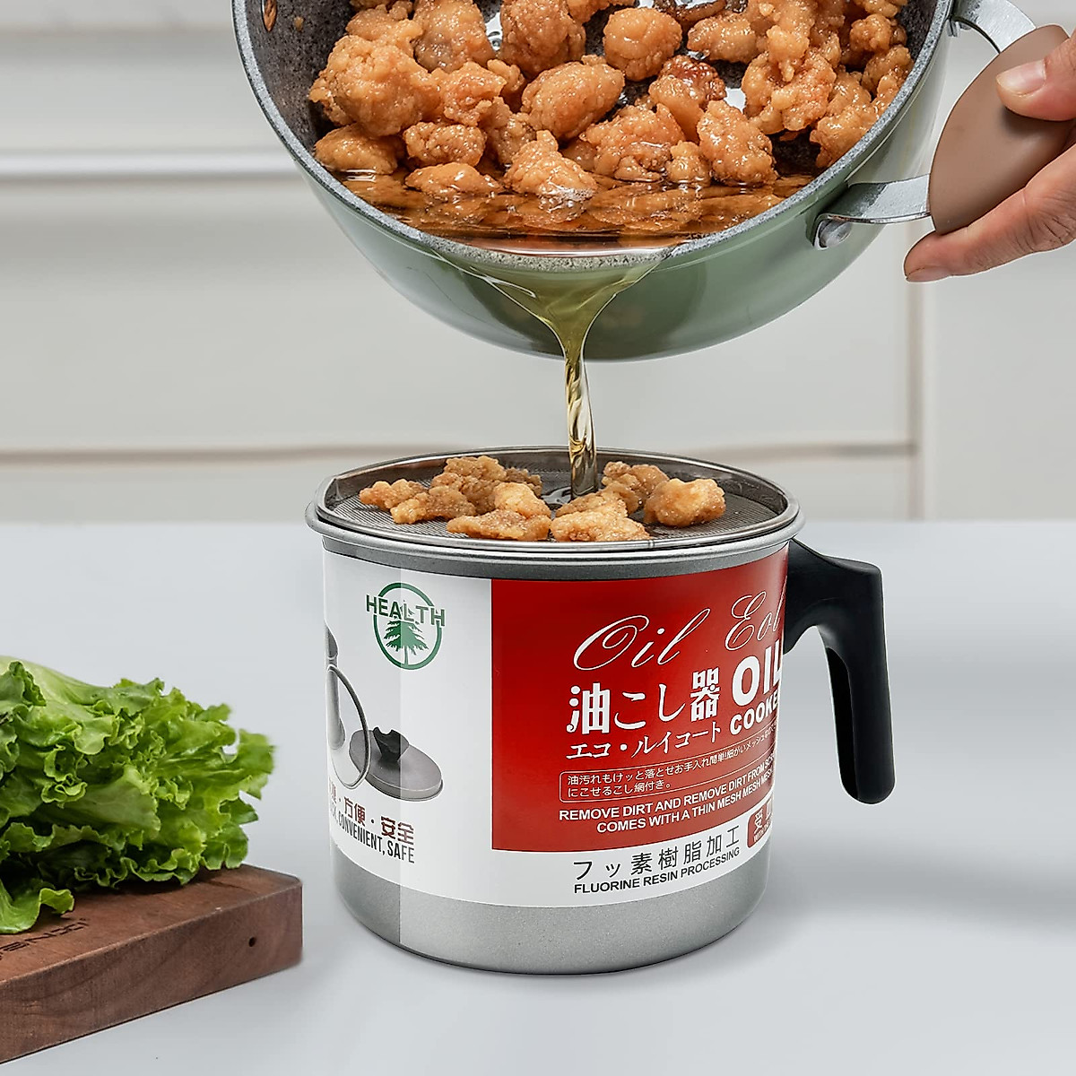 PARACITY Bacon Grease Container with Fine Strainer and Dust-proof Lid, 1.2L/ 41OZ Cooking Oil Container/Can/Pot for Kitchen Meat Frying Oil and Cooking Grease Storage