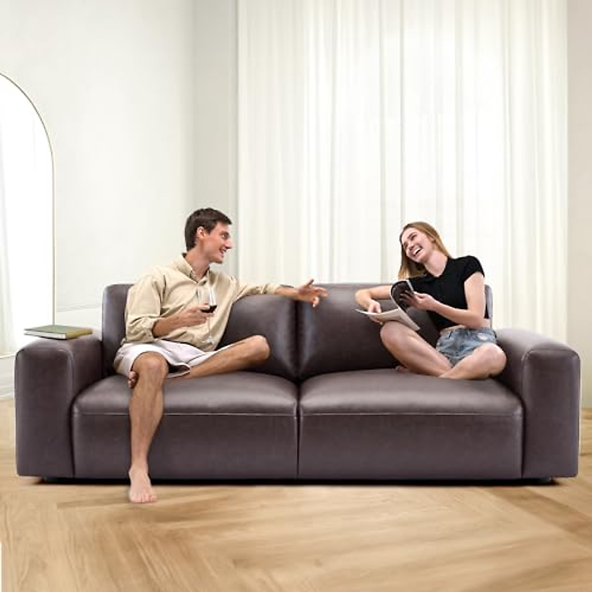 COLAMY PU Leather Sofa, 95in Oversized Comfy Couch with Extra Deep Seats Wide Armb Down Seater Modern Sofa for Living Room, Apartment, Chocolate