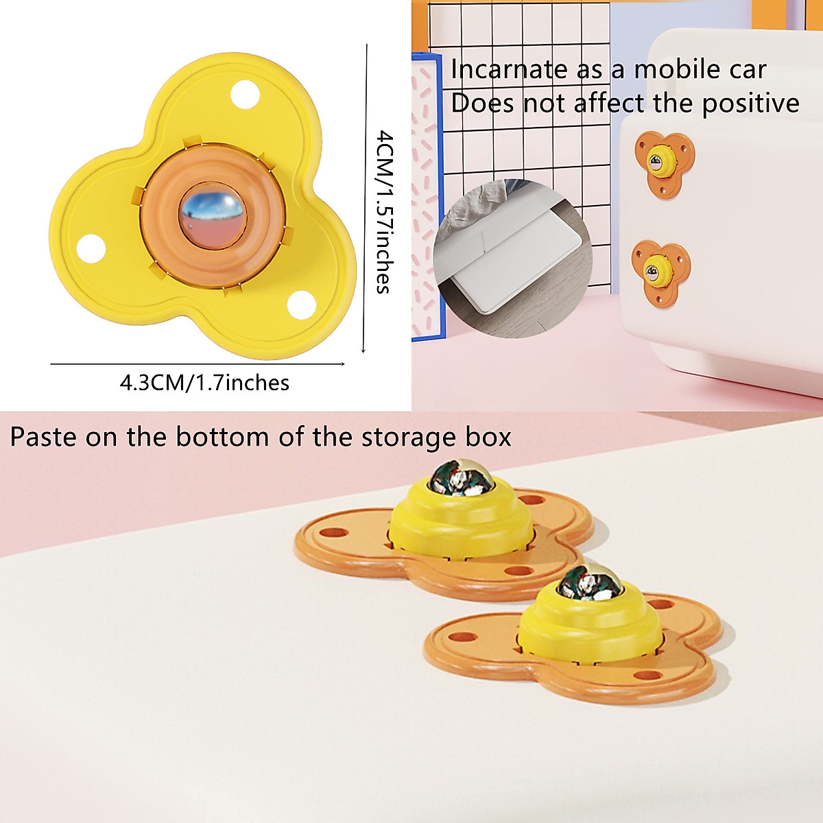 Yaroelrd 4 self-Adhesive casters, Mini Universal Wheels, Stainless Steel 360-degree Rotating Mobile Universal Wheels, Suitable for cabinets/Drawers/Trash cans/Storage Boxes (Yellow) (A-059)