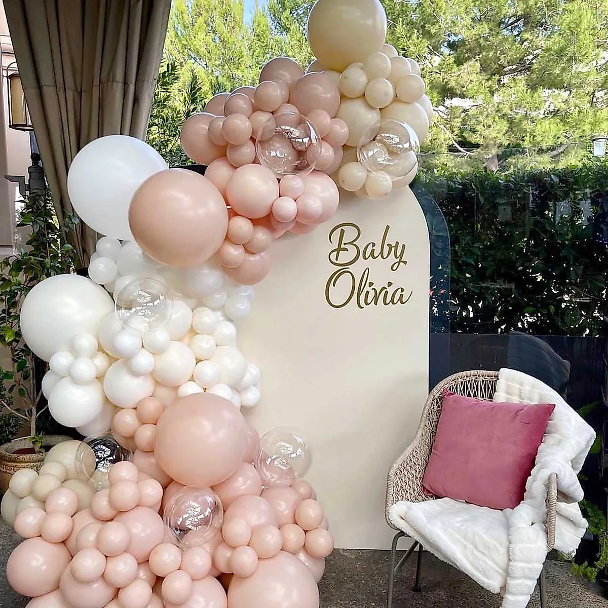 Futureferry Double Stuffed Blush Pink and Sand White Balloon Garland Arch Kit 158Pcs Peach and Metallic Gold Balloon Bobo Clear Balloons for Wedding Baby Shower Anniversary Birthday Decorations