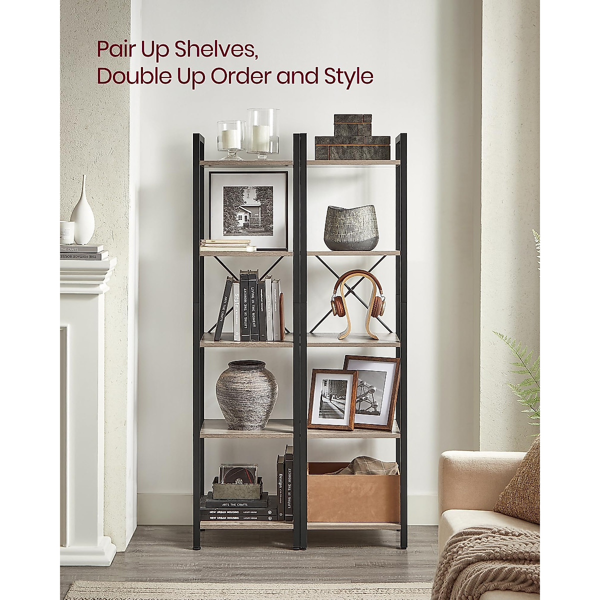 VASAGLE 5-Tier Bookshelf, Bookcase with Steel Frame, Book Shelf for Living Room, Home Office, Study, 11.8 x 15.7 x 60.2 Inches, Industrial Style, Heather Greige and Ink Black ULLS100B02